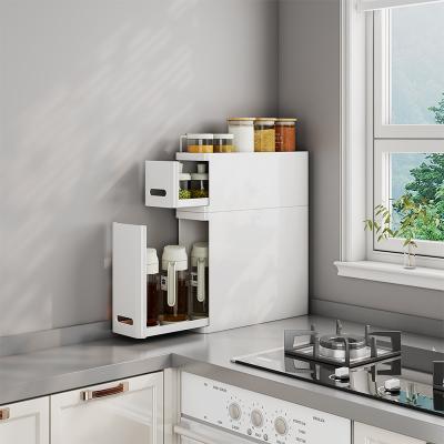 China NEW Foldable Standing Metal Corner Countertop White Doublelayer Pull Out Drawer Spice Box Kitchen Storage Cabinet Organizer Rack for sale