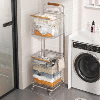 Quality Bathroom 2 Tier Floor Dirty Clothes Rack Adjustable Mobile Towel Organize Cart for sale
