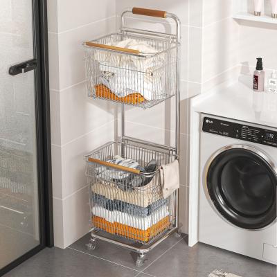 China Bathroom 2 Tier Floor Dirty Clothes Rack Adjustable Mobile Towel Organize Cart Stainless Steel Trolley Laundry Storage Baskets for sale