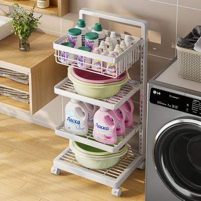 China Bathroom 4 Layer Floor Type Metal with Wheels Laundry Detergent Bath Product Multifunction Storage Rack Balcony Organizer Basket for sale