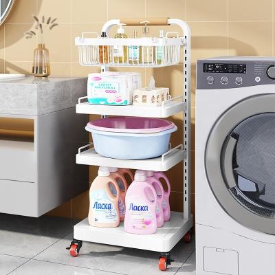 China 5 Layer Floor Type Standing Metal Mobile Basin and Bucket Cart with Wheels Towel Bathroom Organizer Storage Corner Shelf Rack for sale
