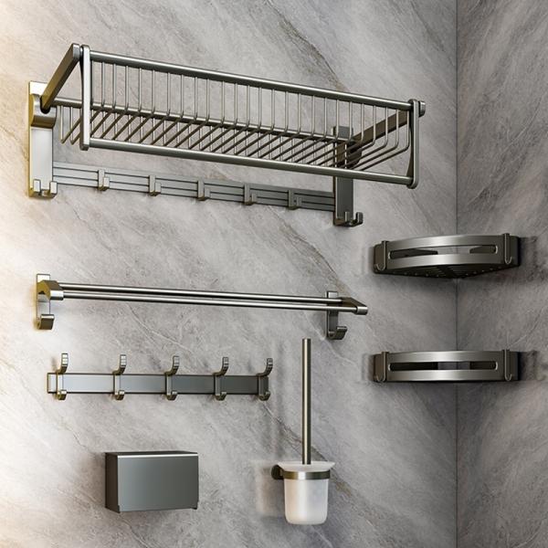 Quality Accessories Toilet Brush Tissue Paper Roll Storage Holders for Bathrooms hang Folding Towel Organizer Dry Rack Set 6 Piece Grey for sale