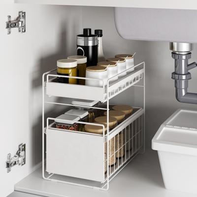 China Bathroom Kitchen Stackable Double-layer Pull-out Storage Basket Spice Rack Basket  Under Sink Organizer Bathroom Shelf for sale