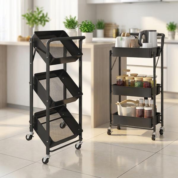Quality Foldable Trolley Rack Floor Multi-Layer Kitchen Bathroom Bedroom Removable Storage Shelf With Wheels for sale
