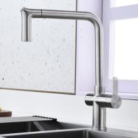 China Angled Spout Pull Out Mixer Tap 18/10 Stainless Steel Deck Mounted Kitchen Faucet with Dual Function Sprayer for sale
