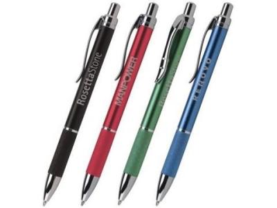 China metallic barrel logo ball pen with grip,with clip and chromed pusher for sale