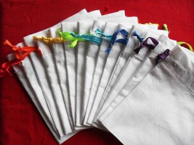 China 100 White Cotton bags with Rainbow color Satin Ribbon 5x7Great for Stamping Gift bag for sale