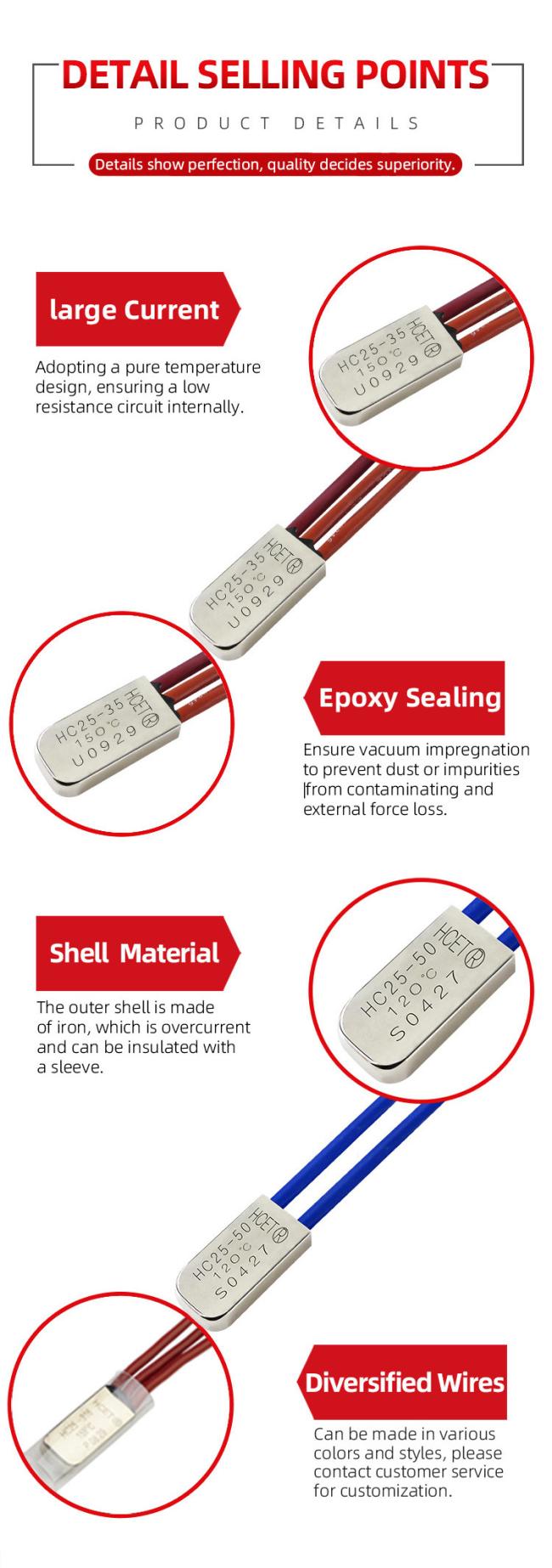 Detailed close-up view of HC25 thermal cutoff switch components and construction