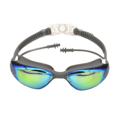 China Anti-Fog UV Protection Swimming Goggles with Rainbow Plating and Surf Ear Plugs for Adults for sale