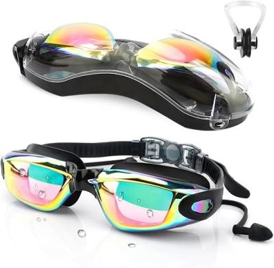 China Anti-Fog UV Protection Swimming Goggles with Rainbow Plating Lenses and Surf Ear Plug for sale