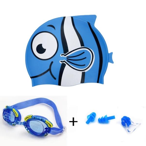 Quality Eco-Friendly Cartoon Style Waterproof Silicone Swimming Cap for Kids with Nose Clip and Ear Plugs for sale