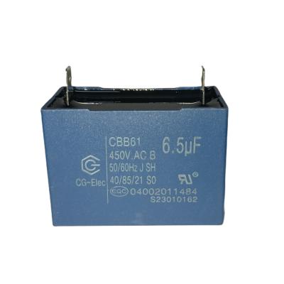 Cina 6.5mfd condizionatore d'aria condensatore di ventilatore CBB61 450V due terminali di connessione rapida certificati RoHS in vendita