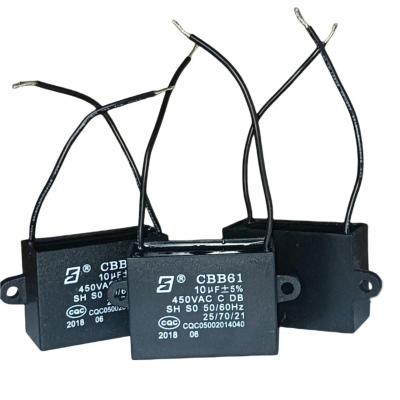 中国 CBB61 450V 10UF 100 ライン長さ モーター走行コンデンサ AC 位置穴付きプラスチック三角形 販売のため