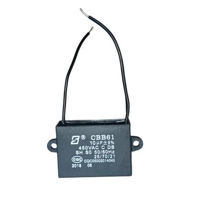 中国 CBB61 450V 10UF 100 ライン長さ モーター走行コンデンサ AC 位置穴付きプラスチック三角形 販売のため