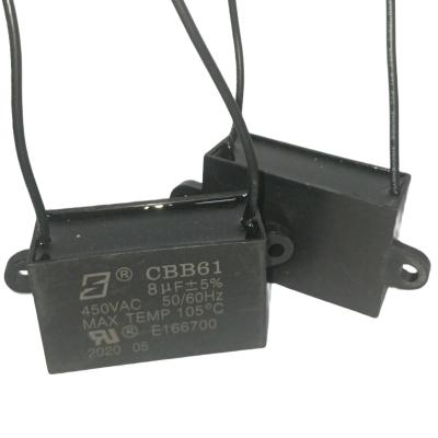 Cina 8.0UF CBB61 450V Max Temp 105°C Capacitore di avvio del motore del ventilatore con 100 linee di lunghezza in vendita