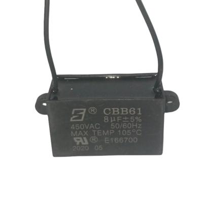 Cina 8.0UF CBB61 450V Max Temp 105°C Capacitore di avvio del motore del ventilatore con 100 linee di lunghezza in vendita