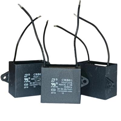 Cina CBB61 450V 16UF 100 Lunghezza di linea condensatore del motore CA Triangoli di plastica con fori di localizzazione sono su entrambi i lati. in vendita