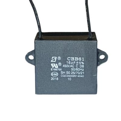 Cina CBB61 450V 16UF 100 Lunghezza di linea condensatore del motore CA Triangoli di plastica con fori di localizzazione sono su entrambi i lati. in vendita
