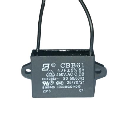 Cina CBB61 450V 4.0UF 100 Lunghezza di linea Condensatore del motore CA Triangoli di plastica con fori di localizzazione sono su entrambi i lati in vendita