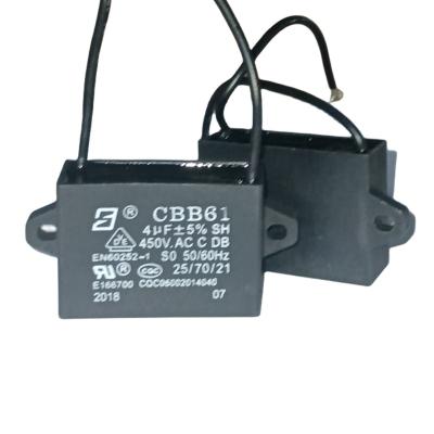 Cina CBB61 450V 4.0UF 100 Lunghezza di linea Condensatore del motore CA Triangoli di plastica con fori di localizzazione sono su entrambi i lati in vendita
