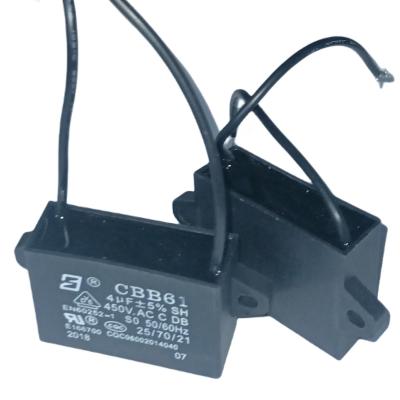 Cina CBB61 450V 4.0UF 100 Lunghezza di linea Condensatore del motore CA Triangoli di plastica con fori di localizzazione sono su entrambi i lati in vendita