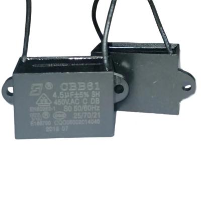 Cina CBB61 450V 4.5UF 100 Lunghezza di linea condensatore del motore CA Triangoli di plastica con fori di localizzazione sono su entrambi i lati in vendita