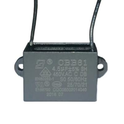 Cina CBB61 450V 4.5UF 100 Lunghezza di linea condensatore del motore CA Triangoli di plastica con fori di localizzazione sono su entrambi i lati in vendita