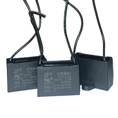 Cina CBB61 450V 5.0UF 150 Lunghezza di linea condensatore del motore CA Triangoli di plastica con foro di posizionamento in vendita
