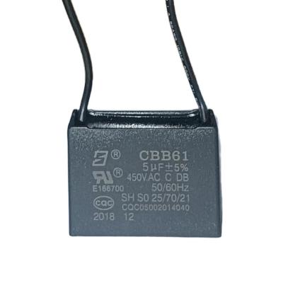 中国 CBB61 450V 5.0UF 150 ライン長 ACモーターコンデンサター 位置穴付きプラスチック三角形 販売のため