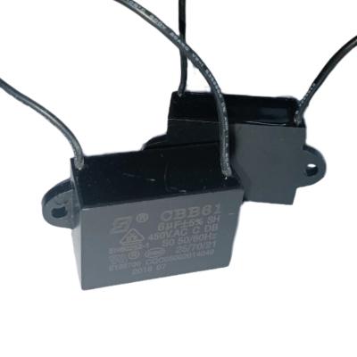 中国 CBB61 450V 6.0UF 100 ライン長 ACモーターコンデンサター 位置穴を2側から配置したプラスチック三角形 販売のため