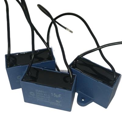 China CBB61 250V 15UF Blauwe airconditioner ventilator condensator met 200 lijnlengte VH terminal Te koop