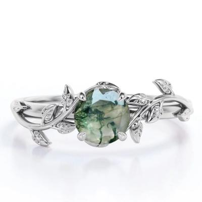 Cina La natura ha ispirato Moss Agate Solitaire Engagement Ring verde naturale Forest Ring in vendita