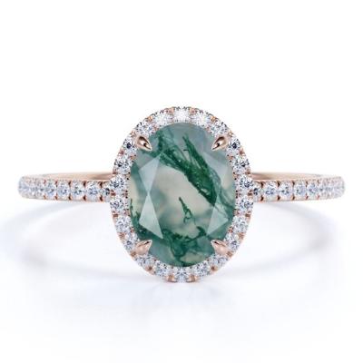 China Moss Green Agate And Moissanite dentritico bianco latteo naturale a uovo pavimenta l'anello di fidanzamento di alone for sale