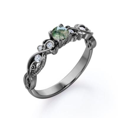 Cina Il solido tagliato brillante venato con precisione Moss Green Agate e l'anello di fidanzamento a filigrana di stile vittoriano di Moisssanite in vendita