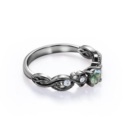 Cina Il solido tagliato brillante venato con precisione Moss Green Agate e l'anello di fidanzamento a filigrana di stile vittoriano di Moisssanite in vendita