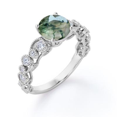 China Vampata a filigrana di Milgrain intorno all'anello di fidanzamento antico di stile del forcone genuino di Druzy Moss Green Agate And Moissanite 4 for sale