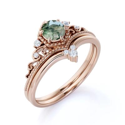 Cina Grande mazzo Ring Set di nozze di Moss Agate Statement di esagono in vendita