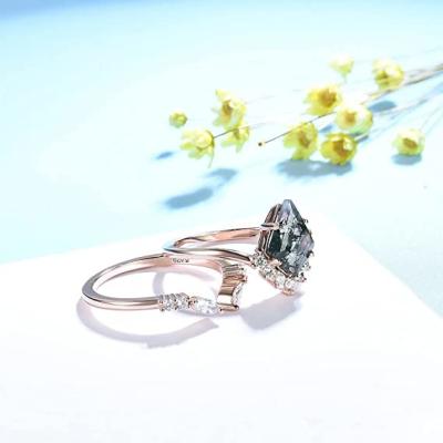 Cina Grande mazzo Ring Set di nozze di Moss Agate Statement di esagono in vendita