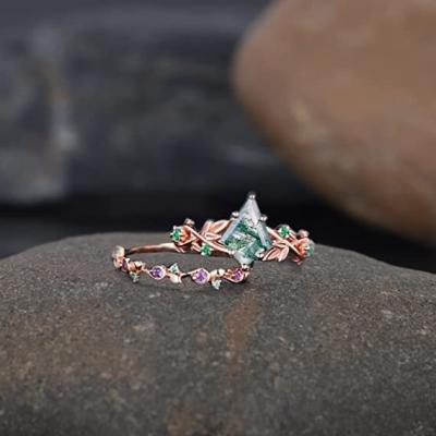 Cina Foglia ispirata naturale solida Moss Agate Jewelry Cluster Emerald di Rose Gold 1.25ct acquatico in vendita
