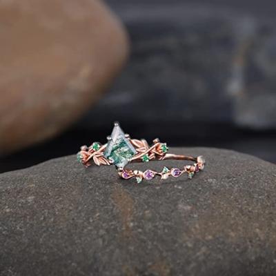 Cina Foglia ispirata naturale solida Moss Agate Jewelry Cluster Emerald di Rose Gold 1.25ct acquatico in vendita