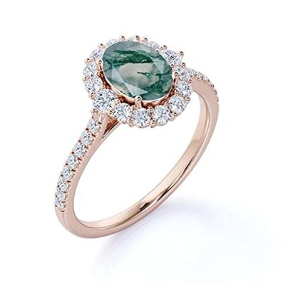 Cina Impegno ovale Ring Green Gemstone di alone di Moss Agate Moissanite Diamonds Floral in vendita