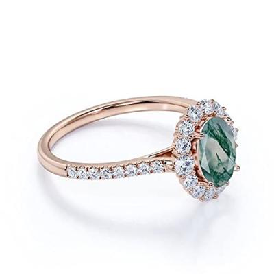 Cina Impegno ovale Ring Green Gemstone di alone di Moss Agate Moissanite Diamonds Floral in vendita