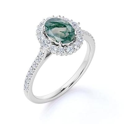 Cina Impegno ovale Ring Green Gemstone di alone di Moss Agate Moissanite Diamonds Floral in vendita
