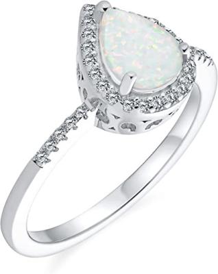 China Petite Gemstone Micro Pave CZ Halo Created White Opal Ring Pear Shape Teardrop for sale