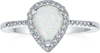 China Petite Gemstone Micro Pave CZ Halo Created White Opal Ring Pear Shape Teardrop for sale