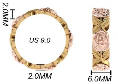 Cina tri larghezza 6mm di Ring Thickness 2mm di impegno del fiore e della foglia di colore 14K in vendita