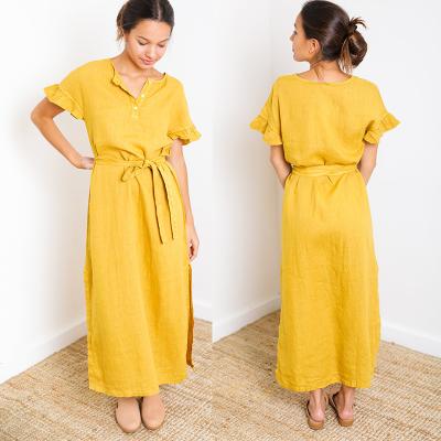 China O botão curto da luva da mostarda de Paloma cortou para baixo o vestido de linho maxi à venda