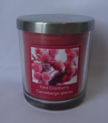 China Scented decor glass candle with metal lid and printed front label,100% paraffin wax for sale