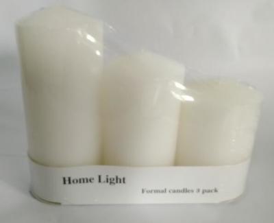 China 3pk white pillar candle packed into paper tray,then whole set be shrinked for sale