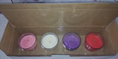 China 100% soy wax glass  candle with high fragrance rate,4 colors assorted in printed gift box for sale